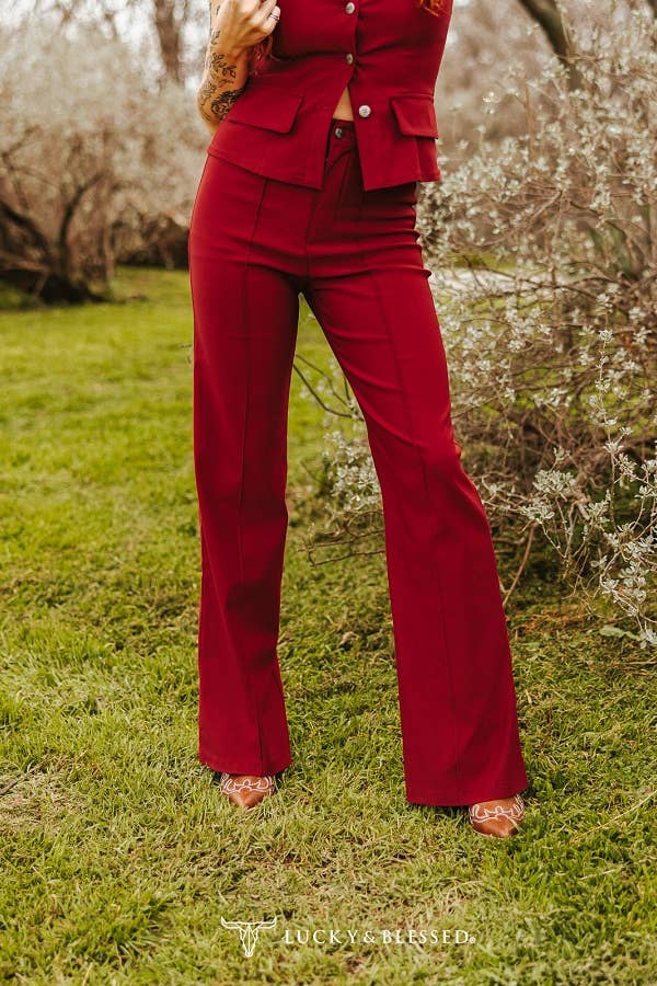 Red Solid Front Crease Detail Pants | Hayloft Western Wear